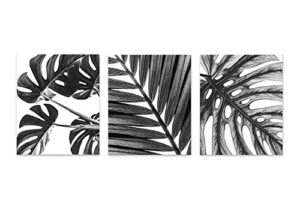 grey tropical leaf botanical wall art 3 piece print set 8×10 unframed black and white monstera and palm leaves for bathroom, bedroom home decor idea