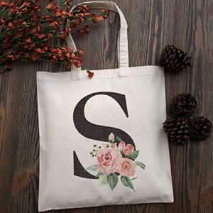 Personalized Floral Initial Cotton Canvas Tote Bag for Events Bachelorette Party Baby Shower Bridal Shower Bridesmaid Christmas Gift Bag | Daily Use | Totes for Yoga, Pilates, Gym, Workout | Initial T