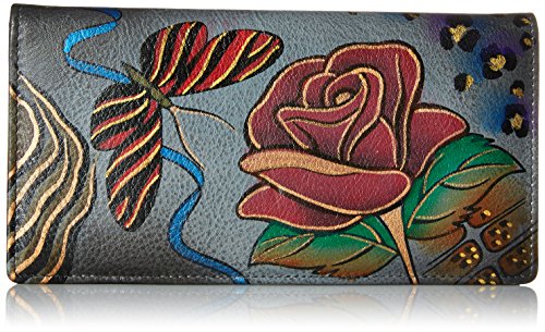 Anna by Anuschka Womens Handpainted Leather Ladies Wallet Snap Button Closure, Rose Safari Grey,One Size