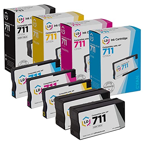 LD Products Remanufactured Ink Cartridge Replacement for HP 711 (2 Black, 1 Cyan, 1 Magenta, 1 Yellow, 5-Pack) for use in DesignJet: T120, T125, T130, T520, T525 24In, T525 36In, T530 24In, T530 36In