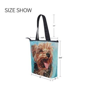 Women's Handbags Canvas Shoulder Bags Happy Yorkie Puppy Handbag Retro Casual Tote Purses