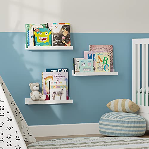 Wallniture Denver Floating Shelves for Wall, White Wall Bookshelf for Nursery Room Decor, Floating Book Shelves for Kids Room, Wall Shelf for Living Room, 17 Inch Picture Ledge Shelf Set of 3