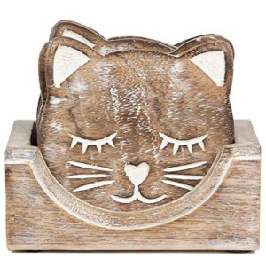 nirman wooden crafted unique adorable cat shaped coasters set of 6 with holder, bar dining table home décor