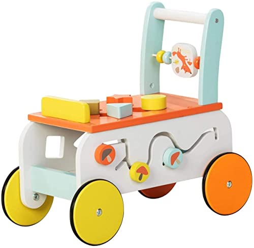 labebe Baby Walker with Wheel, 3-in-1 Wooden Activity Walker for Kids 1-3 Years, Baby Push Walker Girl&Boy/Wooden Push Toy/Walker Toy Infant/Baby Wagons/Learning Walker/Push Cart Toy Orange