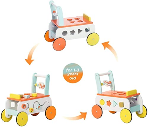 labebe Baby Walker with Wheel, 3-in-1 Wooden Activity Walker for Kids 1-3 Years, Baby Push Walker Girl&Boy/Wooden Push Toy/Walker Toy Infant/Baby Wagons/Learning Walker/Push Cart Toy Orange