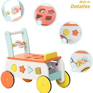 labebe Baby Walker with Wheel, 3-in-1 Wooden Activity Walker for Kids 1-3 Years, Baby Push Walker Girl&Boy/Wooden Push Toy/Walker Toy Infant/Baby Wagons/Learning Walker/Push Cart Toy Orange