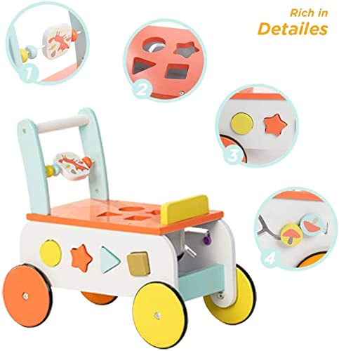 labebe Baby Walker with Wheel, 3-in-1 Wooden Activity Walker for Kids 1-3 Years, Baby Push Walker Girl&Boy/Wooden Push Toy/Walker Toy Infant/Baby Wagons/Learning Walker/Push Cart Toy Orange