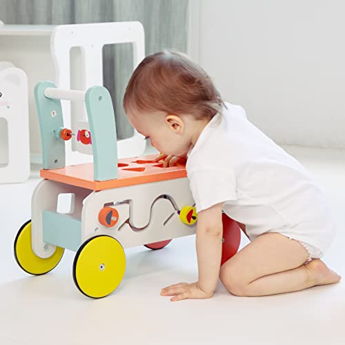 labebe Baby Walker with Wheel, 3-in-1 Wooden Activity Walker for Kids 1-3 Years, Baby Push Walker Girl&Boy/Wooden Push Toy/Walker Toy Infant/Baby Wagons/Learning Walker/Push Cart Toy Orange