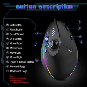 Gaming Mouse with 5 D Rocker, TRELC Ergonomic Mouse with 10000 DPI/11 Programmable Buttons, RGB Vertical Gaming Mice Wired for PC/Laptop/E-Sports/Gamer (Black)