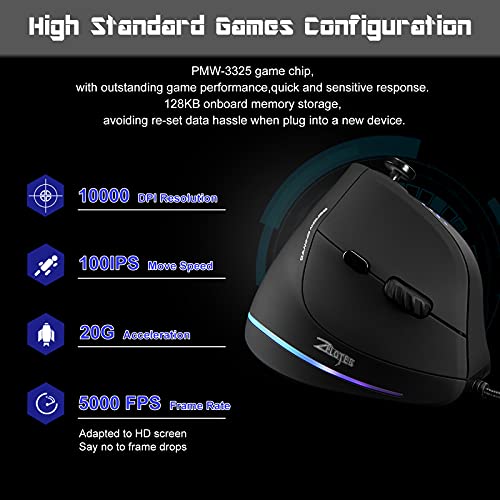 Gaming Mouse with 5 D Rocker, TRELC Ergonomic Mouse with 10000 DPI/11 Programmable Buttons, RGB Vertical Gaming Mice Wired for PC/Laptop/E-Sports/Gamer (Black)