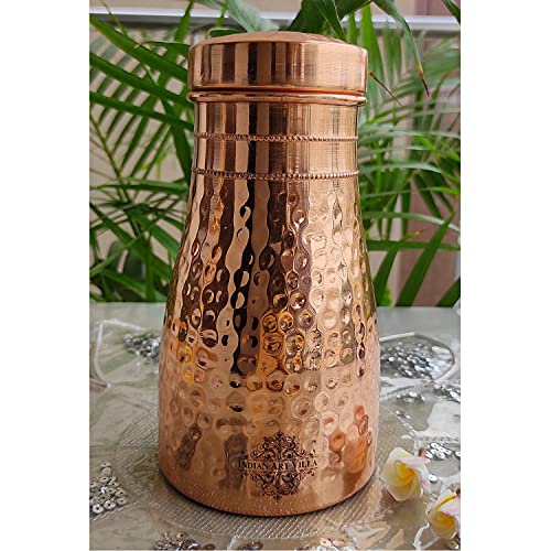 Indian Art Villa Pure Copper Bedroom Water Bottle With Inbuilt Glass & Hammered Shine Design, Drinkware, Storage Purpose, Volume-37 Oz