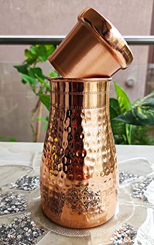 Indian Art Villa Pure Copper Bedroom Water Bottle With Inbuilt Glass & Hammered Shine Design, Drinkware, Storage Purpose, Volume-37 Oz