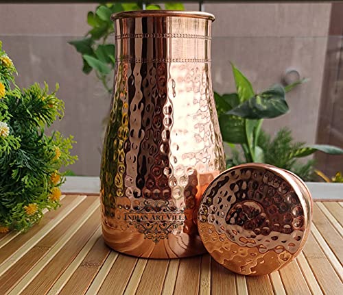 Indian Art Villa Pure Copper Bedroom Water Bottle With Inbuilt Glass & Hammered Shine Design, Drinkware, Storage Purpose, Volume-37 Oz