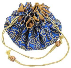 drawstring jewelry pouch, cotton and raw thai silk, small, cobalt blue