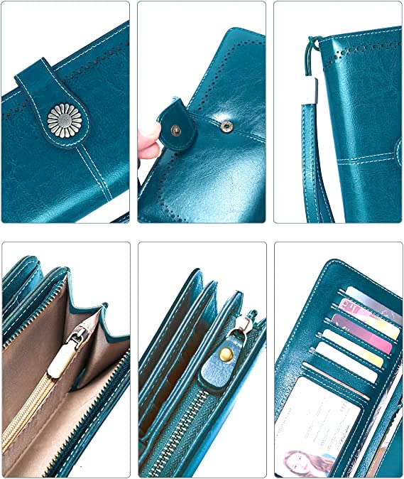 UMODE Large Capacity RFID Blocking Genuine Leather Wallets for Women with Wristlet Trifold Ladies Billfold with Zipper