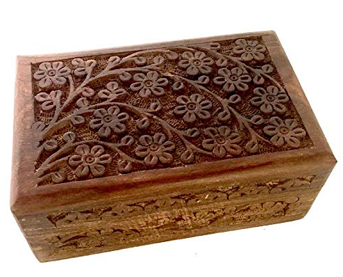 New Age Imports, Inc. Gift Ideas~ Floral Carved Handmade Wooden Box 4 inches by 6 inches~Ideal for Storing Jewelry, Coins, Tartot Cards, Small Treasures, URN Box & etc (Floral Carved 4"x6")