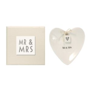 east of india mr & mrs heart-shaped ring dish in gift box, porcelain