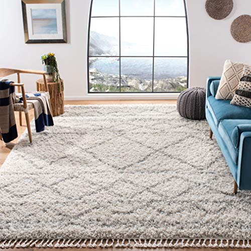 SAFAVIEH Pro Luxe Shag Collection 9' x 12' Ivory / Light Grey PLX436A Moroccan Boho Tassel Non-Shedding Living Room Bedroom Dining Room Entryway Plush 2.4-inch Thick Area Rug