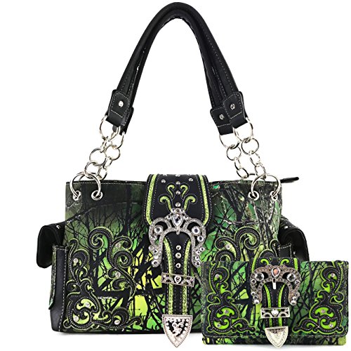 Justin West Camouflage Tree Branches Bling Rhinestone Cross Wings Buckle Crossbody Chain Messenger and Purse (Buckle Green Handbag Wallet Set)