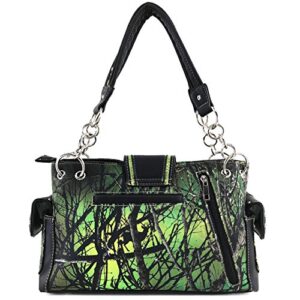 Justin West Camouflage Tree Branches Bling Rhinestone Cross Wings Buckle Crossbody Chain Messenger and Purse (Buckle Green Handbag Wallet Set)