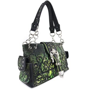 Justin West Camouflage Tree Branches Bling Rhinestone Cross Wings Buckle Crossbody Chain Messenger and Purse (Buckle Green Handbag Wallet Set)