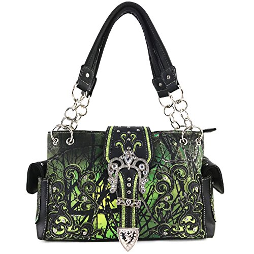 Justin West Camouflage Tree Branches Bling Rhinestone Cross Wings Buckle Crossbody Chain Messenger and Purse (Buckle Green Handbag Wallet Set)