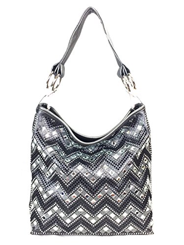 Zzfab Sparkle Gem Chevron Rhinestone Hobo Bag with Extra Shoulder Strap -Dark Pewter