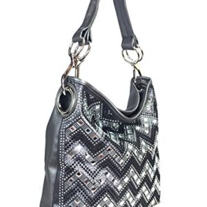 Zzfab Sparkle Gem Chevron Rhinestone Hobo Bag with Extra Shoulder Strap -Dark Pewter