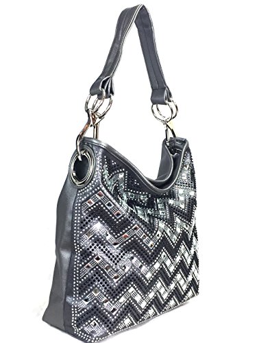 Zzfab Sparkle Gem Chevron Rhinestone Hobo Bag with Extra Shoulder Strap -Dark Pewter