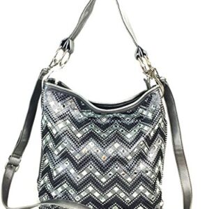 Zzfab Sparkle Gem Chevron Rhinestone Hobo Bag with Extra Shoulder Strap -Dark Pewter