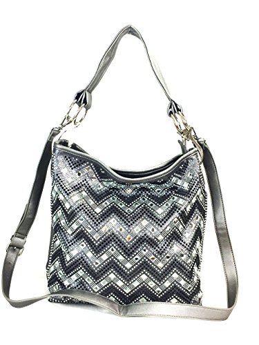 Zzfab Sparkle Gem Chevron Rhinestone Hobo Bag with Extra Shoulder Strap -Dark Pewter