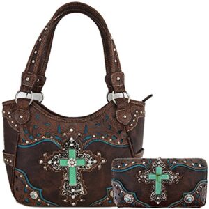 western rhinestone cross tooled leather totes concealed carry purse handbag women shoulder bag wallet set (coffee set)