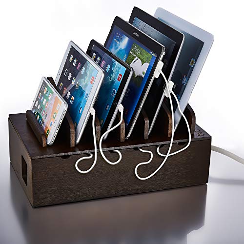 Prosumer's Choice Natural Bamboo Charging Station Rack for Smartphones and Tablets | Simple All-in-one Organizer, with Removable Dividers, Perfect to Work from Home - Dark Brown