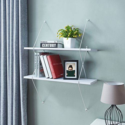 Danya B. 2-Tier Floating Wall Mount Shelf with White Wire Brackets – Display Books, Décor, Picture Frames or Collectibles – Decorative Modern Home Décor