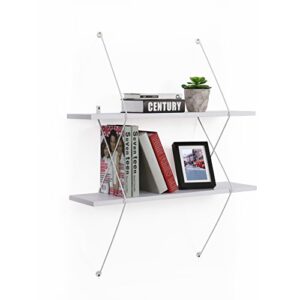 Danya B. 2-Tier Floating Wall Mount Shelf with White Wire Brackets – Display Books, Décor, Picture Frames or Collectibles – Decorative Modern Home Décor