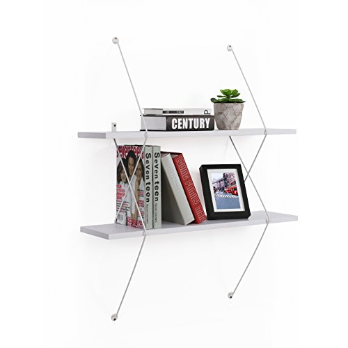 Danya B. 2-Tier Floating Wall Mount Shelf with White Wire Brackets – Display Books, Décor, Picture Frames or Collectibles – Decorative Modern Home Décor