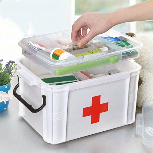 Levoberg Medicine Box Storage Box Organizer 2 Layers with Compartments Family Emergency Kit Storage Case 9.25"x6.49"x5.31"