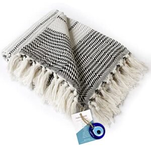 premium boho throw blanket fringe decorative light weight 100% cotton |40”x71”| for bed chair couch sofa outdoor farmhouse rustic decor turkish throw evil eye beach bath spa yoga picnic (black white)