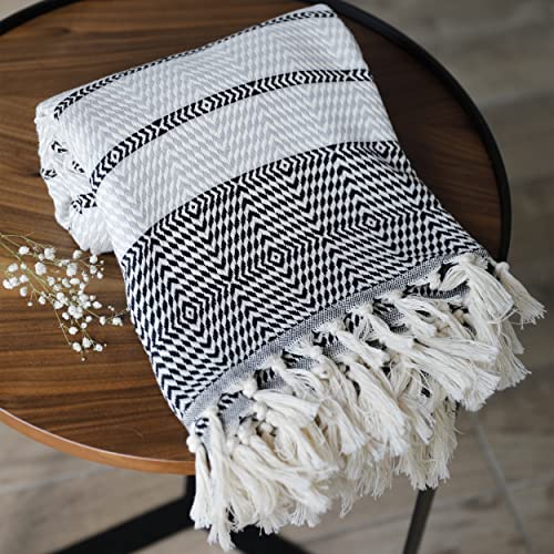 Premium Boho Throw Blanket fringe Decorative Light Weight 100% Cotton |40”x71”| for Bed Chair Couch Sofa Outdoor Farmhouse Rustic Decor Turkish Throw Evil Eye Beach Bath Spa Yoga Picnic (Black White)