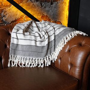 Premium Boho Throw Blanket fringe Decorative Light Weight 100% Cotton |40”x71”| for Bed Chair Couch Sofa Outdoor Farmhouse Rustic Decor Turkish Throw Evil Eye Beach Bath Spa Yoga Picnic (Black White)