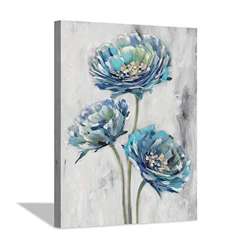 Abstract Floral Canvas Wall Art: Blossom Blue Lotus Flower Artwork Painting Print for Bathroom (12” x 16” x 1 Panel)