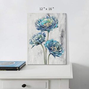 Abstract Floral Canvas Wall Art: Blossom Blue Lotus Flower Artwork Painting Print for Bathroom (12” x 16” x 1 Panel)