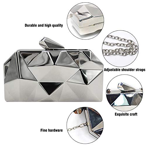 Van Caro Womens Metal Clutch Geometric Evening Handbag Diamond Chain Purse, Silver