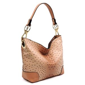 2 PC Set Ostrich Croco Embossed Vegan Faux Leather Hobo Shoulder Bag Classic Bucket Purse with Matching Wallet (BLUSH PINK)