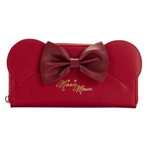 loungefly disney minnie mouse red faux leather wallet with embellished ears and bow