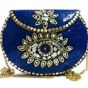 Blue stone mosaic metal bag antique ethnic clutch indian antique purse party clutch women bag…