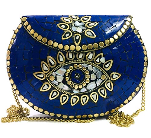 Blue stone mosaic metal bag antique ethnic clutch indian antique purse party clutch women bag…