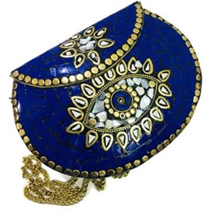 Blue stone mosaic metal bag antique ethnic clutch indian antique purse party clutch women bag…