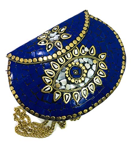 Blue stone mosaic metal bag antique ethnic clutch indian antique purse party clutch women bag…