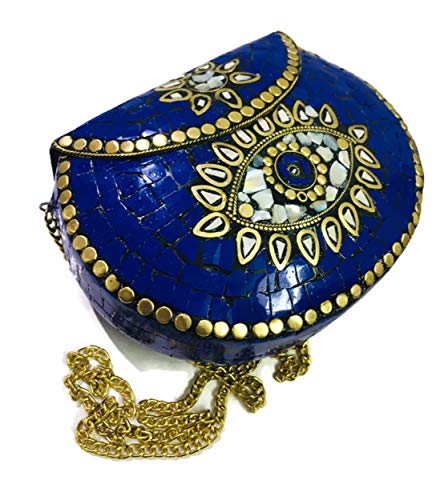 Blue stone mosaic metal bag antique ethnic clutch indian antique purse party clutch women bag…